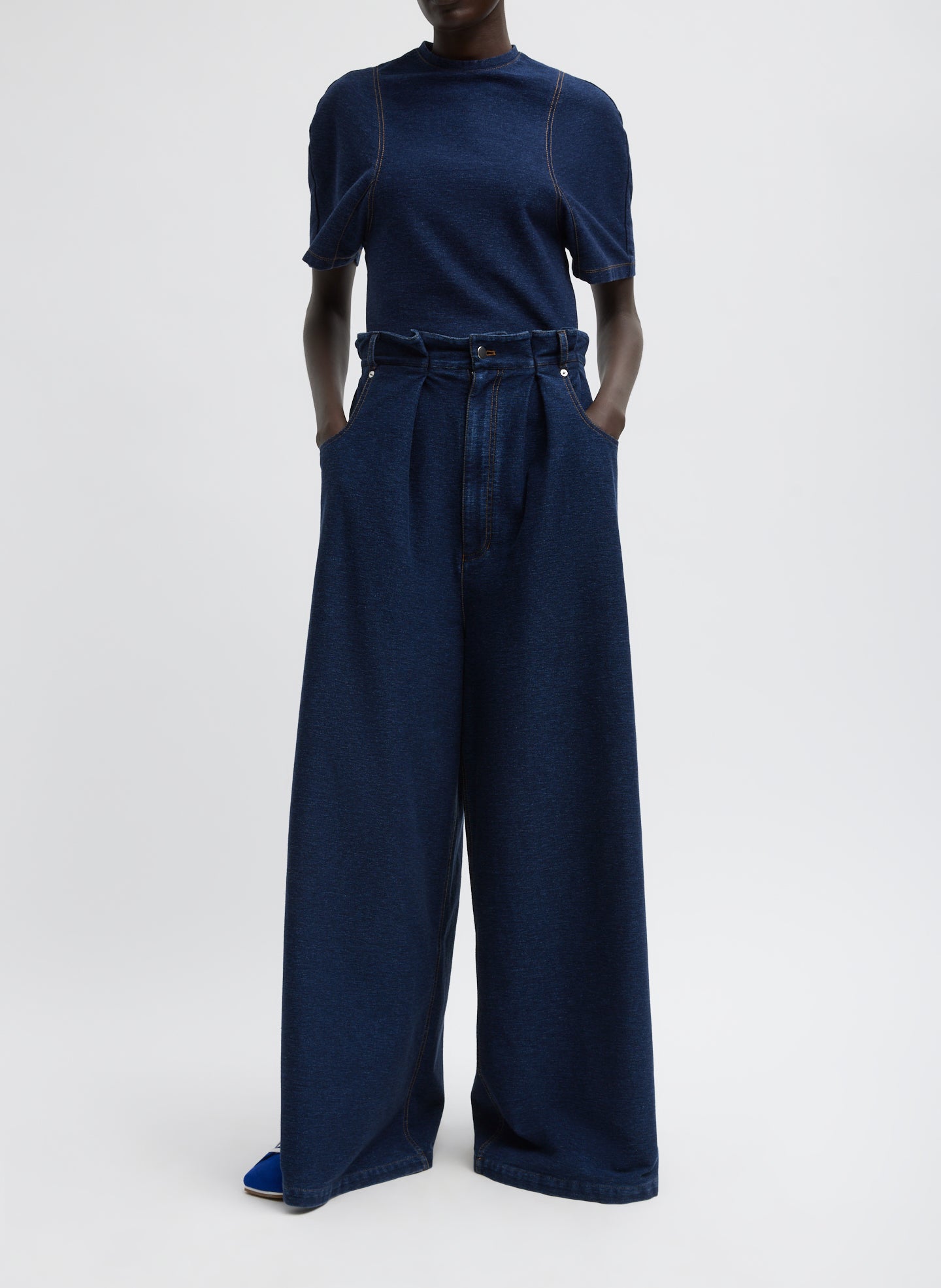 Indigo Barre Denim Knit Walker Wide Leg Jean – Tibi Official