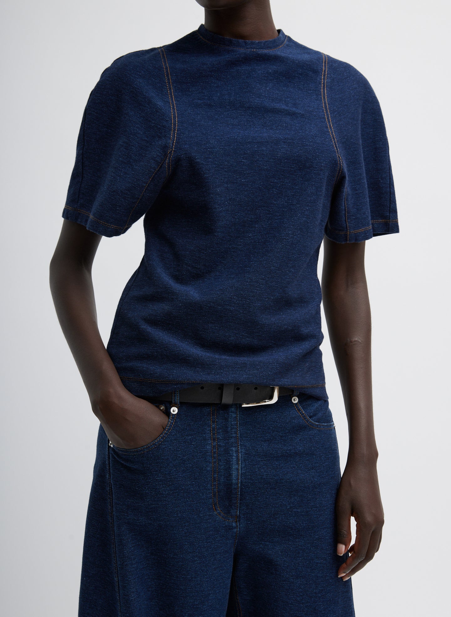 Indigo Barre Denim Knit Sculpted Shrunken T-Shirt – Tibi Official