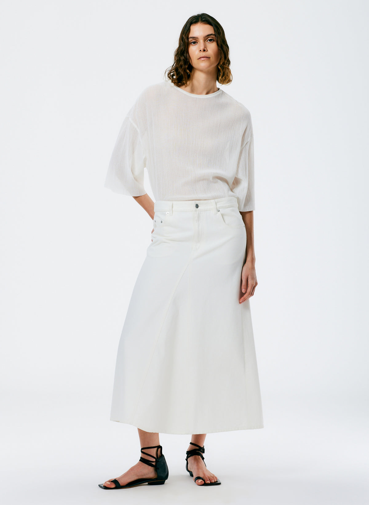 White Denim Godet Midi Skirt – Tibi Official