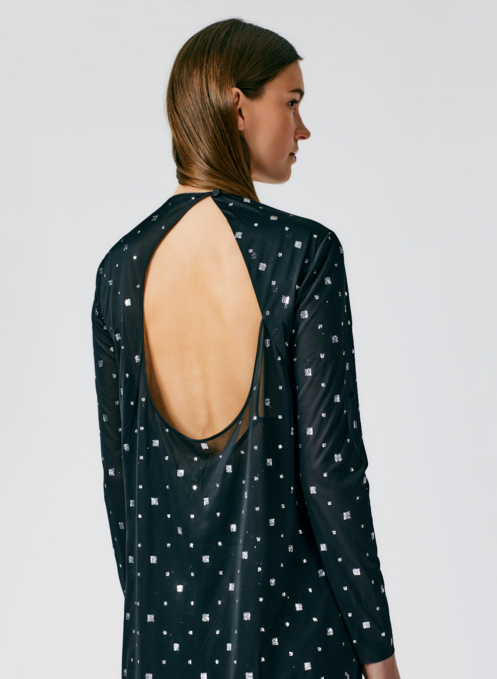 Sheer Metallic Speckle Long Sleeve Open Back Dress – Tibi Official